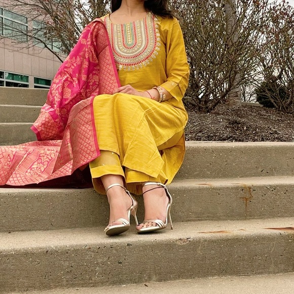 Dresses | Varanga Mustard Yellow Ethnic Motifs Embroidered Kurta With ...